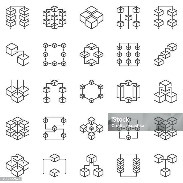 Jeu Dicônes De Contour Du Concept De La Technologie Blockchain Symboles