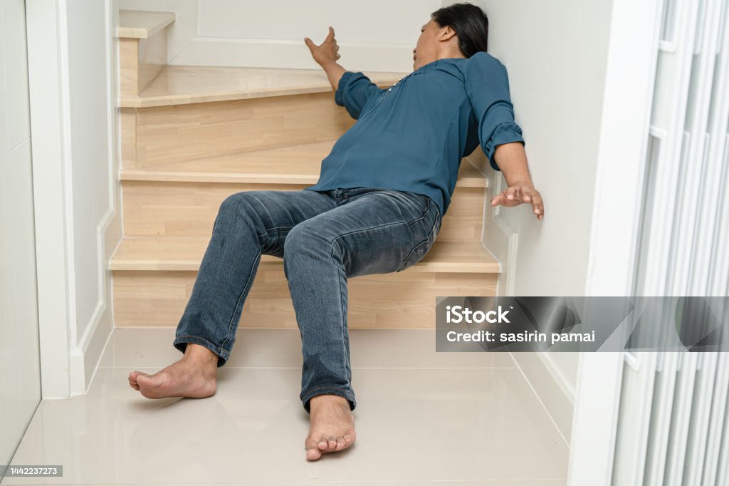 Asian Lady Woman Patient Fall Down The Stairs Because Slippery Surfaces