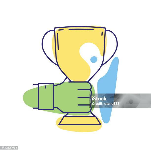 Hand Holding Trophy Cup Thin Line Success Icon With Abstract Shapes On
