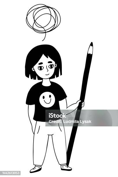 Ilustración De Retrato De Persona Pensante Chica Soñadora Y Reflexiva Con Un Lápiz Grande Por