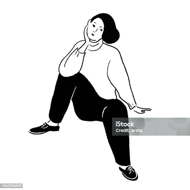 Dessin Au Trait Dune Femme Assise Et Pensant Vecteurs Libres De Droits