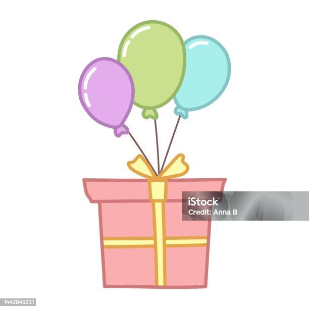 Kotak Hadiah Dengan Balon Gaya Kartun Ilustrasi Vektor Diisolasi Dengan