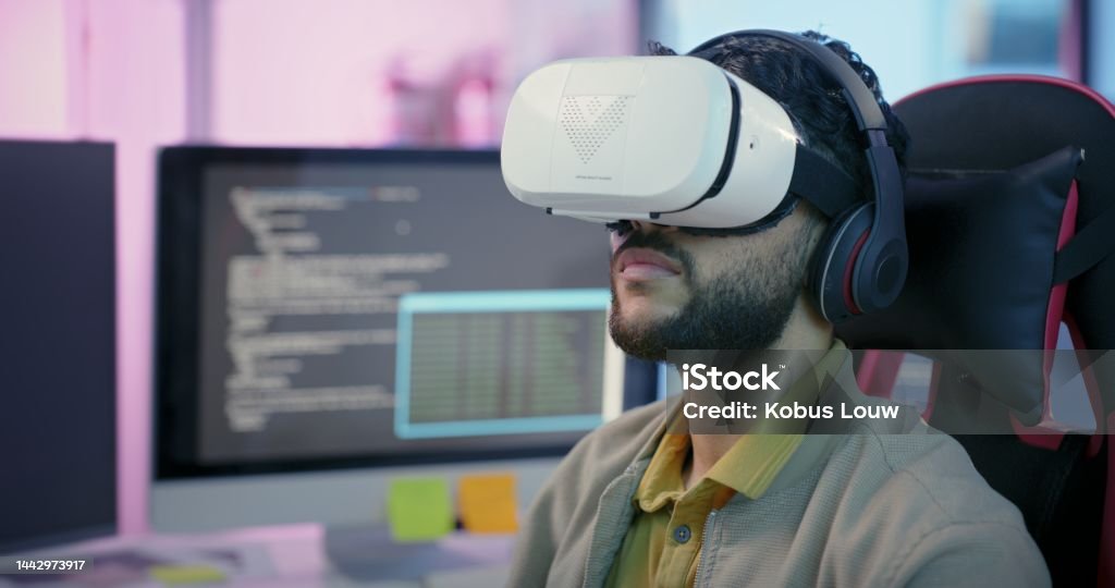 Man With Computer Coding Programmer With Vr Headset And Working With Digital It Software In Los