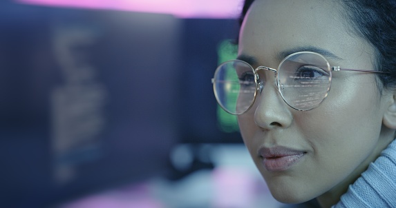 Computer Coding Programming And Woman Programmer Face With Glasses For Software Development