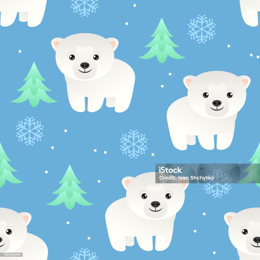 Cute Polar Bear Cub Christmas Trees And Snowflakes On Blue Background