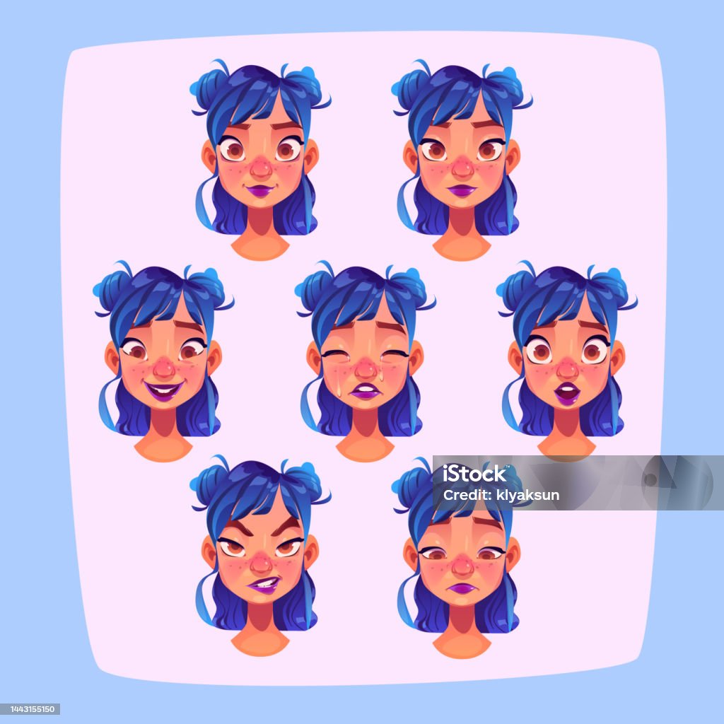 Young Woman Face Expressions Cartoon Female Set Stock Illustration