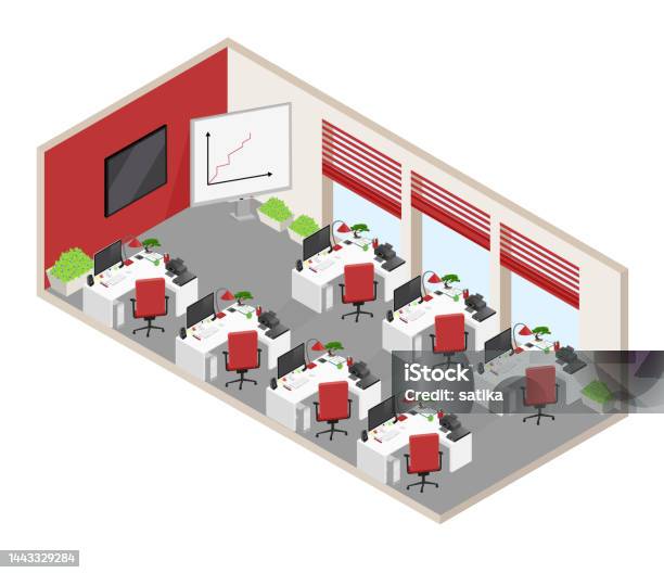 Vektor Terisolasi Isometrik Openplan Office Dengan Objek Dan Furnitur