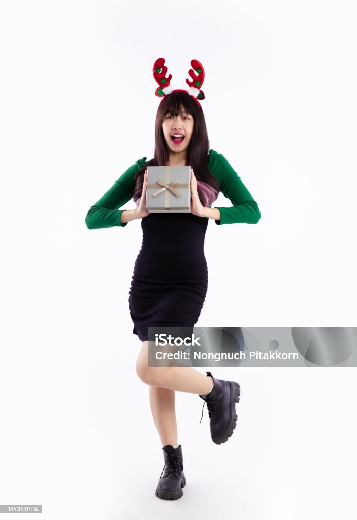 Merry Christmas Young Asian Woman Long Hair Style In Green And Black