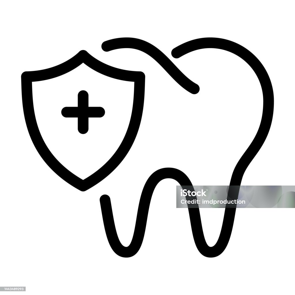 Healthy Tooth And Shield Outline Icon Anticaries Protection Vector