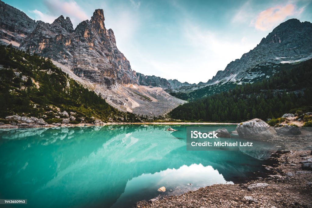 Beautiful Reflections On Turquoise Sorapis Lake And With Dito Di Dio In