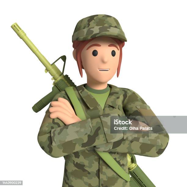 Wanita Berpakaian Militer Dengan Senjata Gadis Muda Berjas Tentara Tentara Rendering 3d Foto