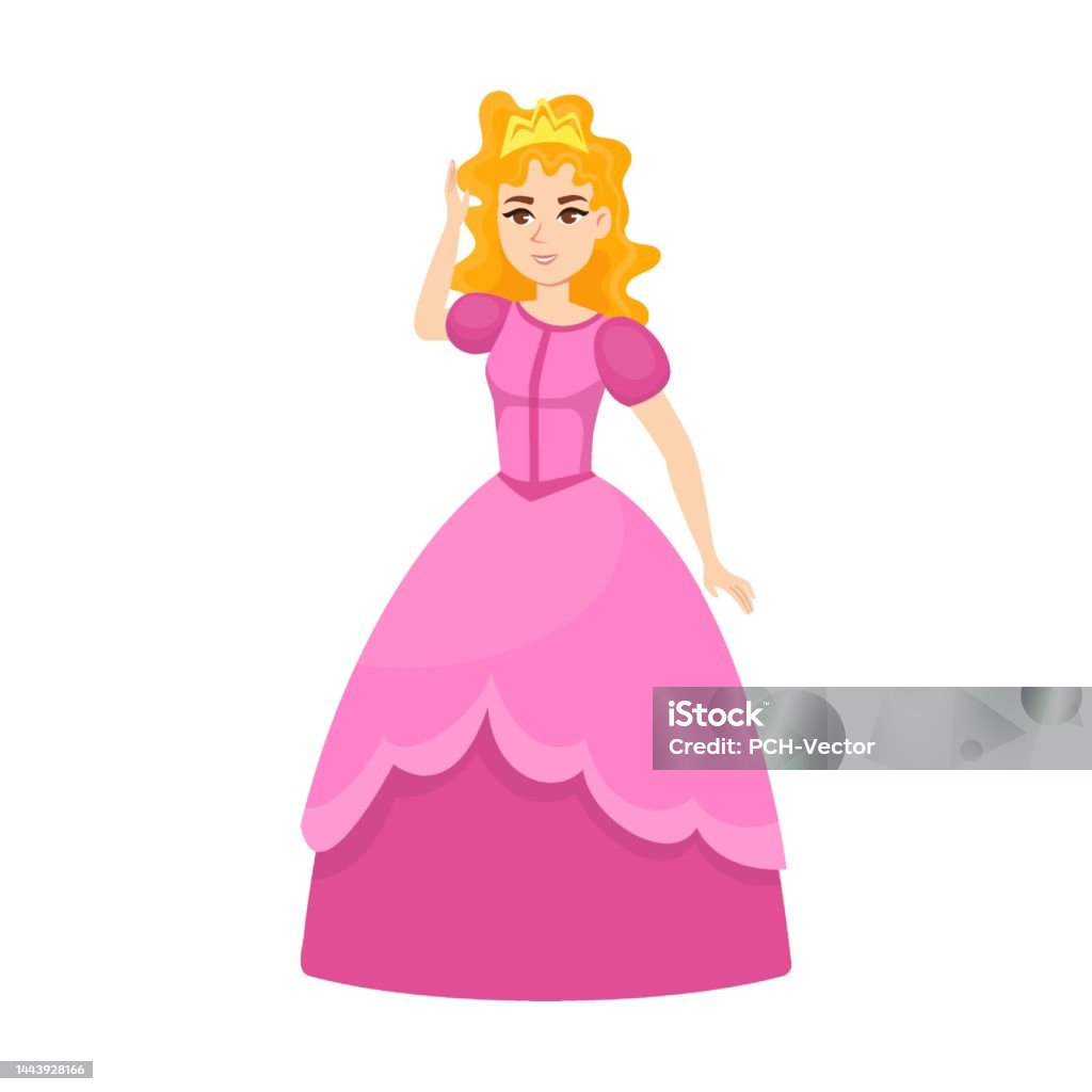 Young Beautiful Princess In Pink Dress Adjusts Crown On Head Cartoon