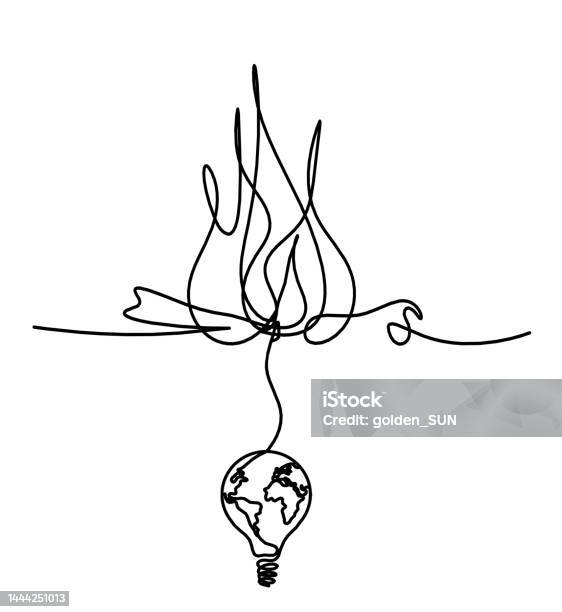 Feu Abstrait Avec Ampoule Globe Comme Dessin Au Trait Sur Fond Blanc