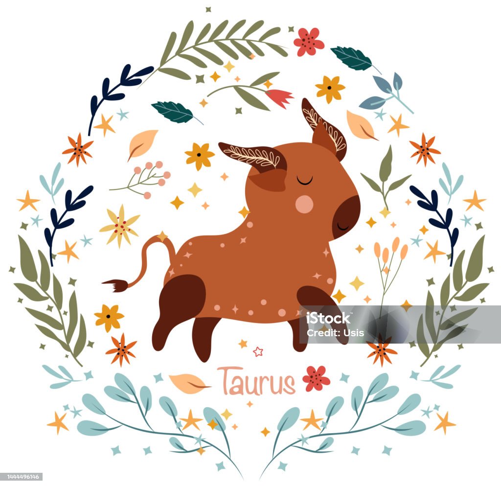 Taurus Cute Zodiac In A Colorful Wreath Of Leaves Flowers And Stars