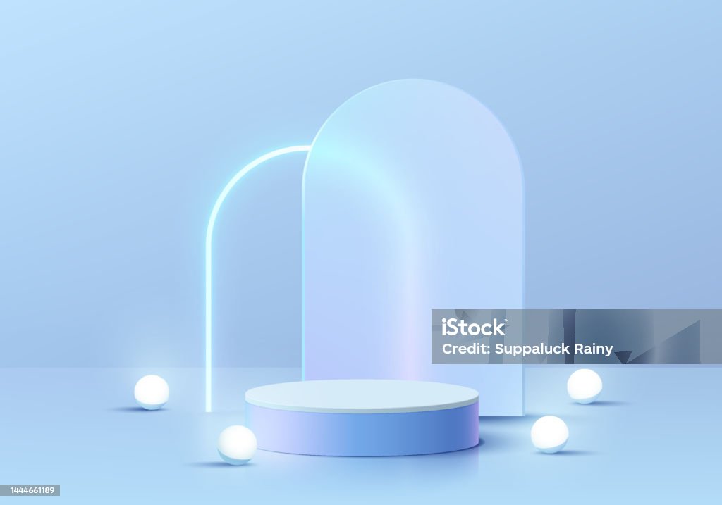 Latar Belakang 3d Biru Abstrak Dengan Podium Alas Silinder Realistis