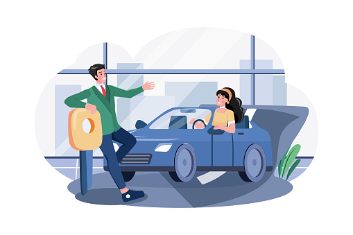 Une Cliente Fait Lessai Dune Nouvelle Voiture Vecteurs Libres De Droits