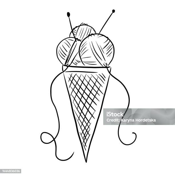 Kerucut Wafel Dengan Bola Benang Dan Jarum Rajut Ilustrasi Garis Hitam
