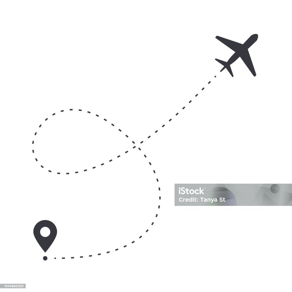 Airplane Line Path Vector Black Icon Plane Flight Route With Start