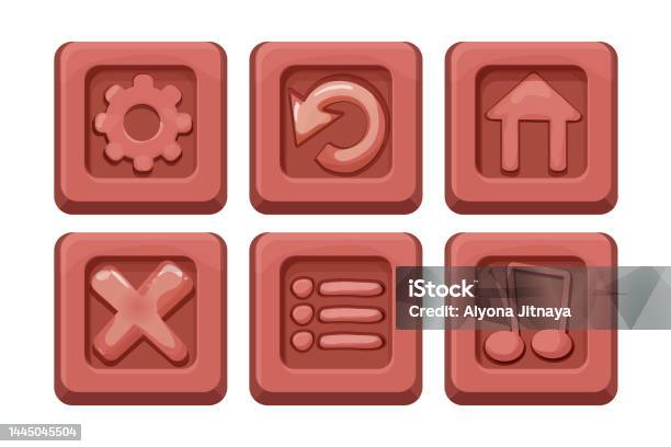 Set Menu Ui Buttons On Stone Block In Comic Cartoon Style Game Design