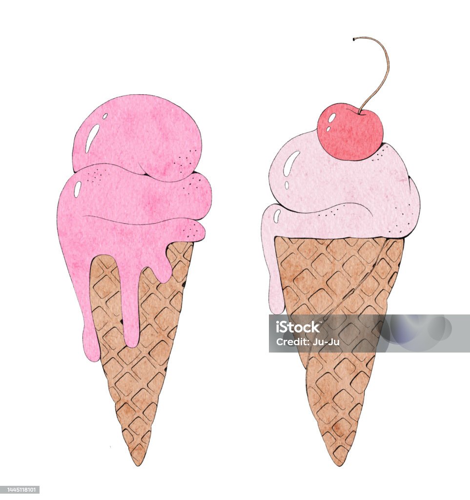 Hand Drawn Set With Two Ice Cream Watercolor Illustration In Sketch