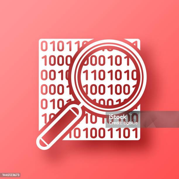 Magnifying Glass With Binary Code Icon On Red Background With Shadow