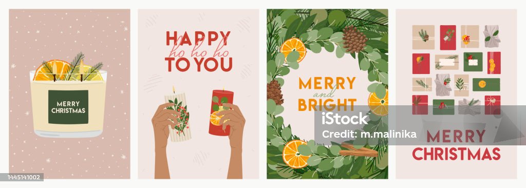 Set Of Merry Christmas Greeting Cards With Candles Hands Ts Greenery