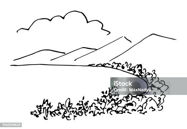 Dessin Vectoriel De Contour Noir Simple Bord De Mer Baie Des Montagnes