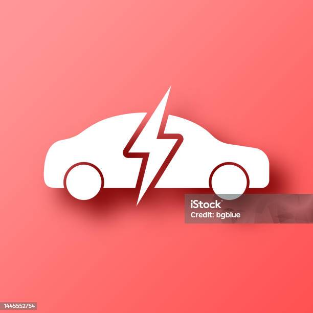 Voiture Électrique En Charge Icône Sur Fond Rouge Avec Ombre Vecteurs