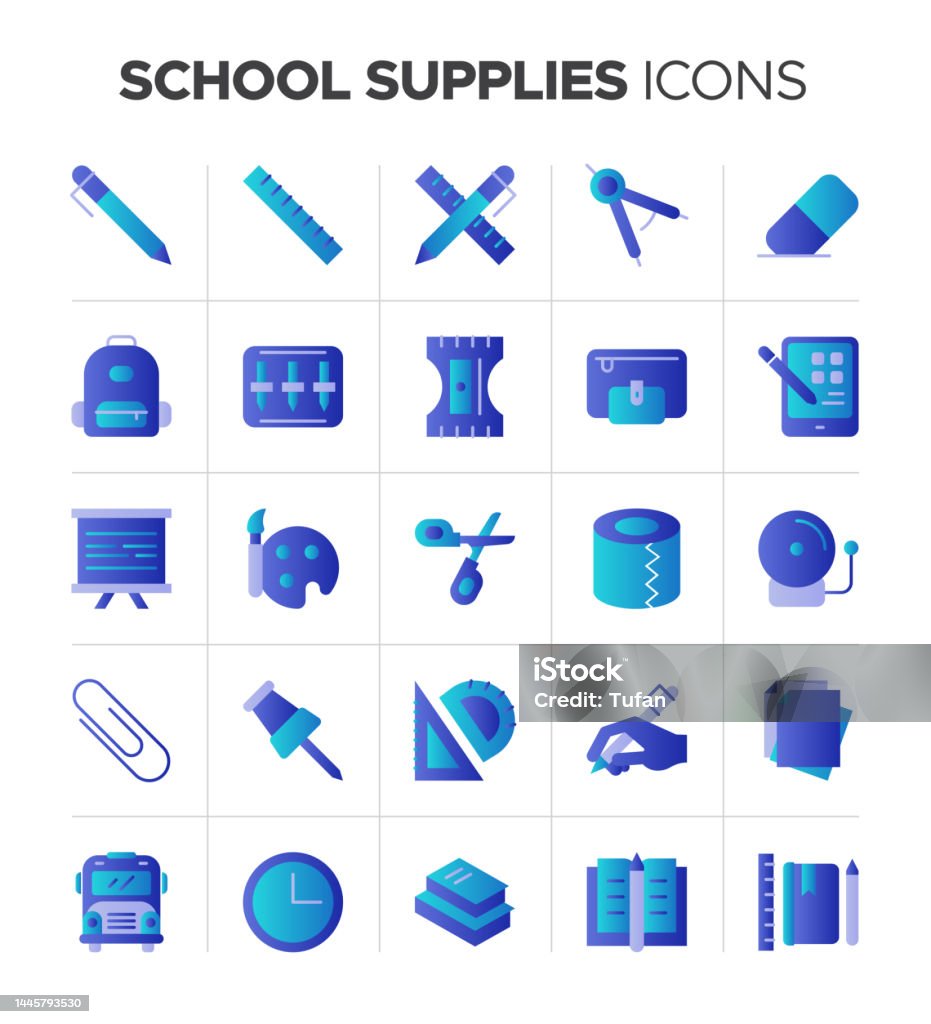 Vetores De Conjunto De Ícones Gradientes De Material Escolar Objetos Do