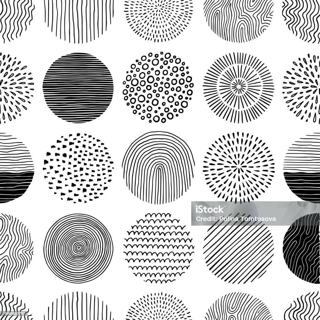 Hand Drawn Black White Circle Seamless Pattern Doodle Style Abstracrt Textured Scribble Stripped