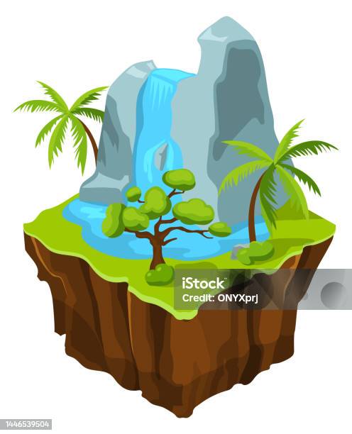 Cascade Isométrique Sur Lîle Volante Emplacement Du Jeu De Dessin Animé