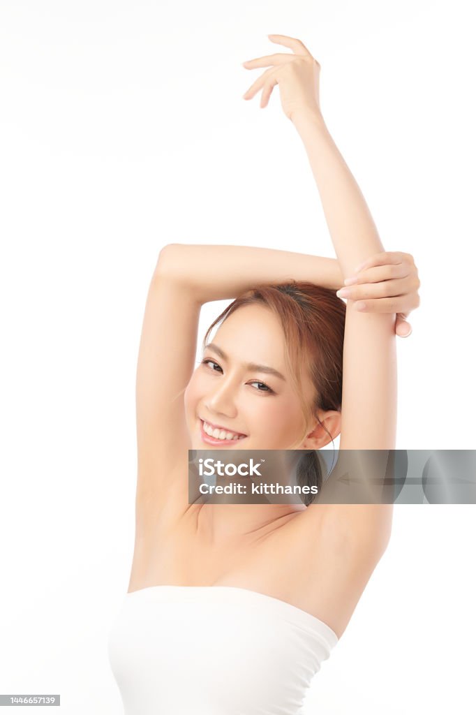 Beautiful Young Asian Woman Lifting Hands Up To Show Off Clean And