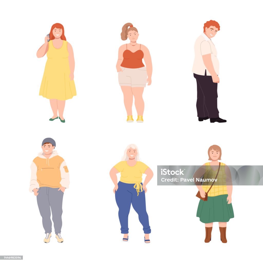 People Characters With Corpulent Body In Standing Pose Vector