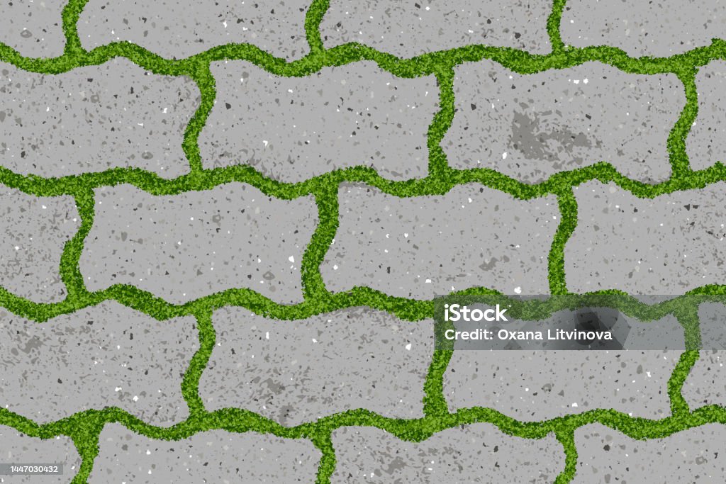 Seamless Pattern Of Old Pavement With Moss And Figured Interlocking