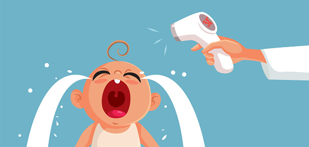 Mom Checking Temperature On Her Crying Little Baby Vector Illustration ... Mom Checking Temperature On Her Crying Little Baby Vector Illustration ...