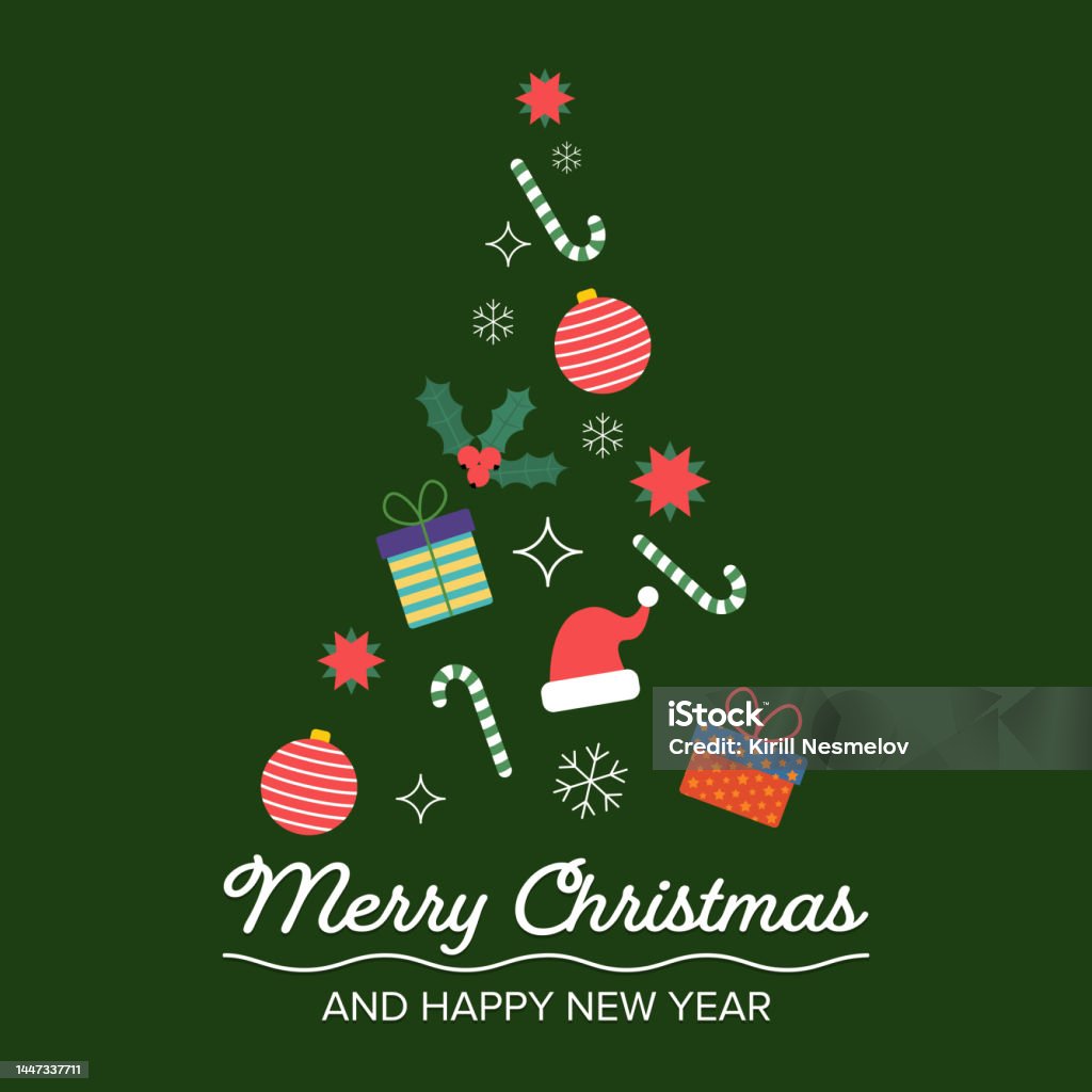 Gambar Pohon Natal Terdiri Dari Bintang Permen Bola Kaca Buah Holly Topi Natal Daun Cabang Dan