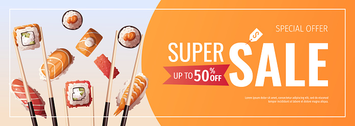 Desain Spanduk Dengan Sumpit Dengan Berbagai Macam Sushi Ilustrasi Stok
