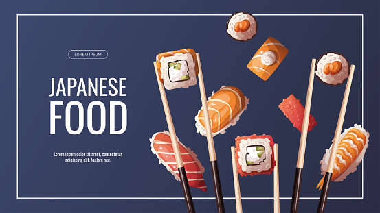 Desain Spanduk Dengan Sumpit Dengan Berbagai Macam Sushi Ilustrasi Stok
