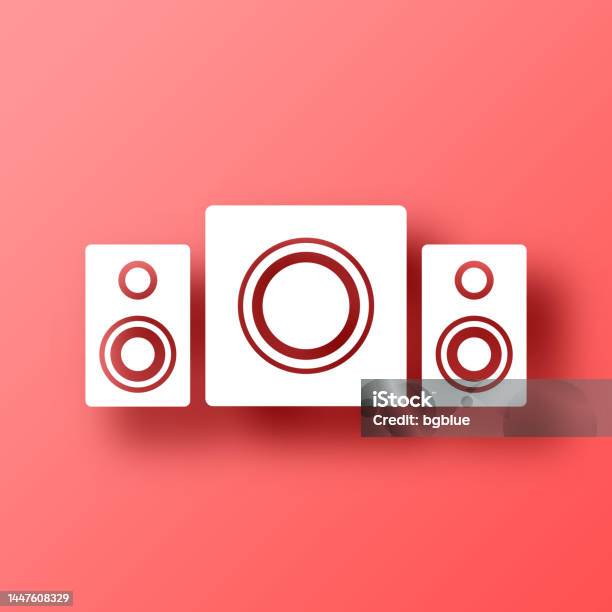 Système Audio Hautparleur Avec Caisson De Basses Icône Sur Fond Rouge