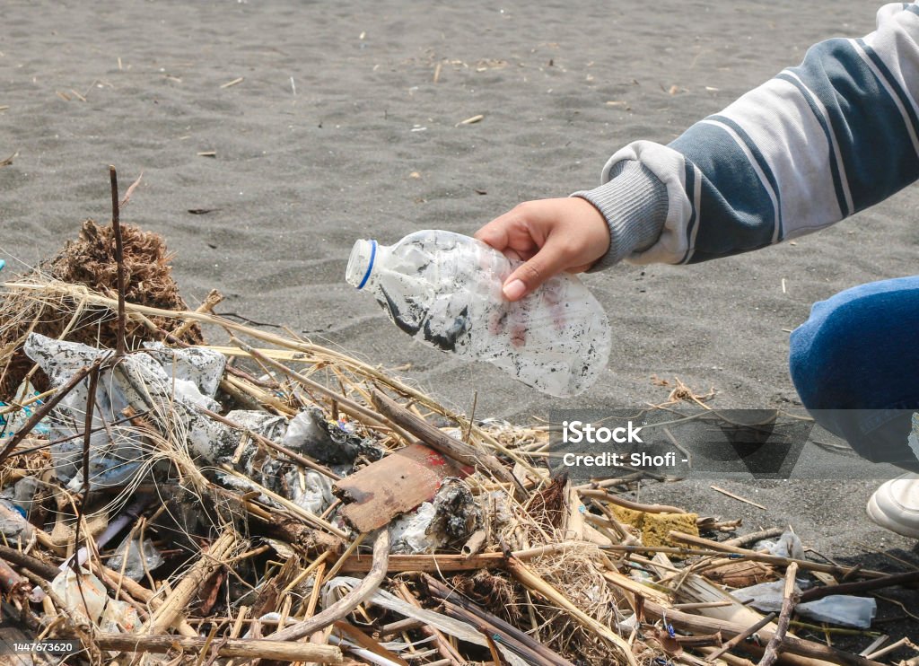 Memungut Sampah Botol Plastik Yang Berserakan Di Pantai Menjaga