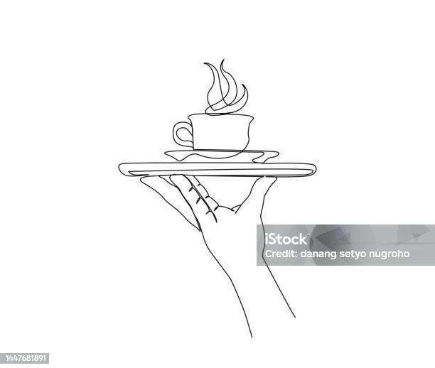 Dessin Continu Dune Ligne De La Main Tenant Une Tasse De Café À Laide