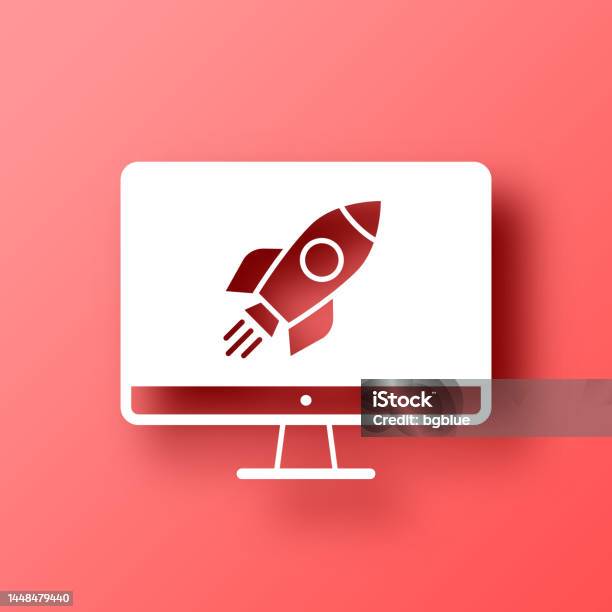 Ordinateur De Bureau Avec Fusée Icône Sur Fond Rouge Avec Ombre