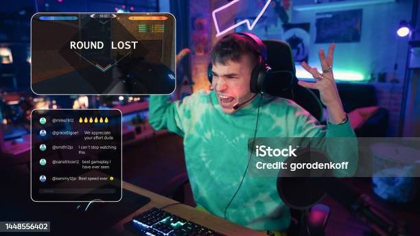 Hyped Streamer Playing A Shooter Video Game Stylish Man Streaming His ... Hyped Streamer Playing A Shooter Video Game Stylish Man Streaming His ...