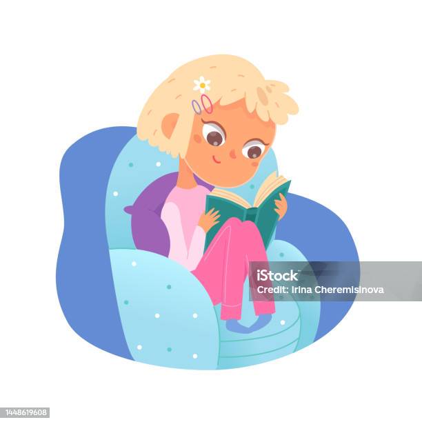 Mignon Enfant Lit Livre Vector Illustration Étude De Fille De Dessin