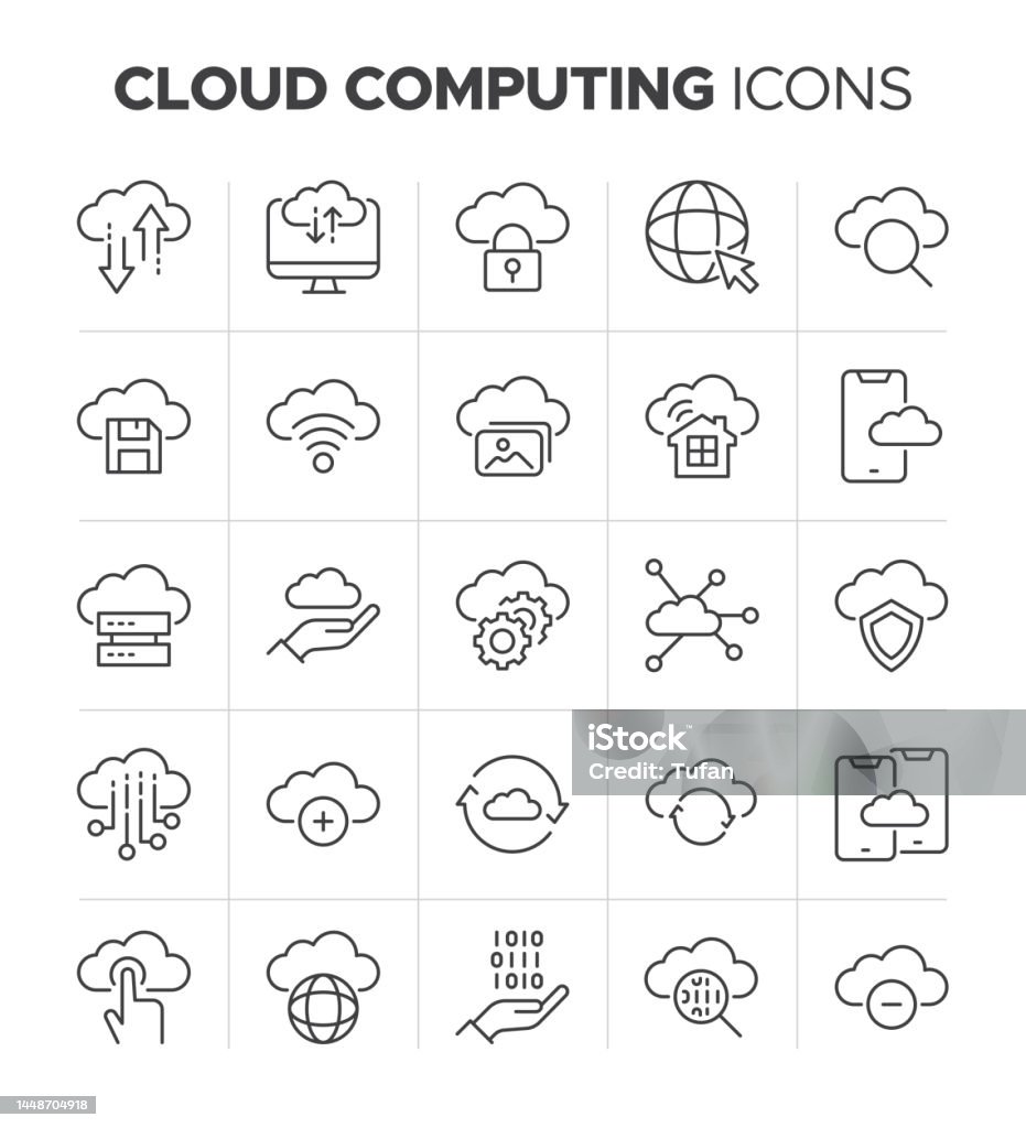 Cloud Computing Line Icon Set Hosting File Storage Cloud Data And Web