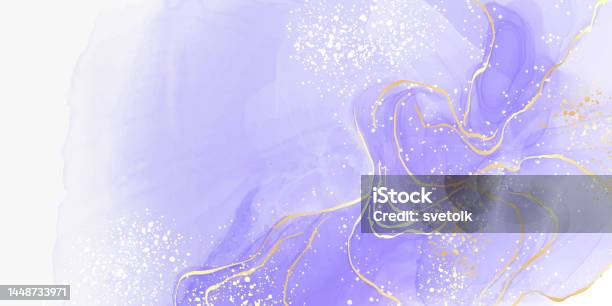 Fond Daquarelle Liquide Bleu Cyan Violet Avec Des Taches Dorées Effet