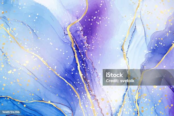 Fond Daquarelle Liquide Bleu Cyan Avec Des Taches Dorées Effet De