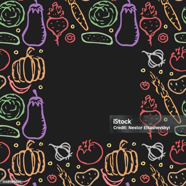 Seamless Frame With Vegetable Icons Doodle Vegetables Pattern Food