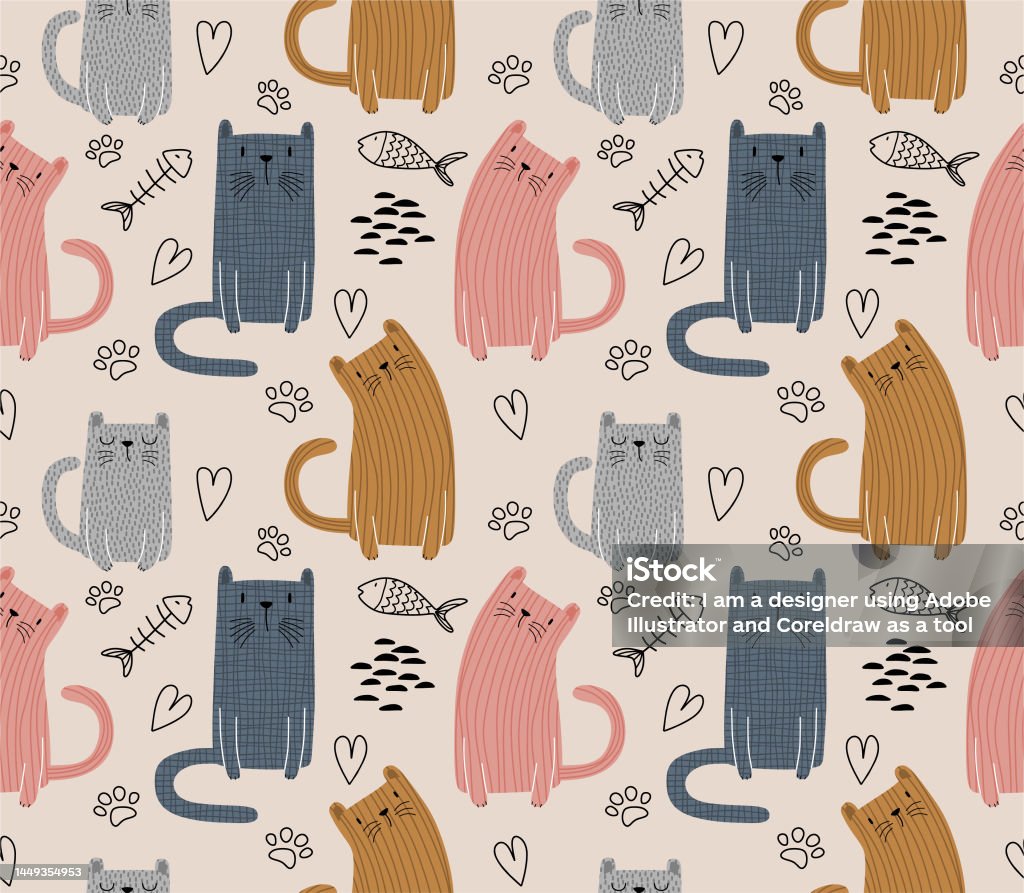 Cute Cat Seamless Pattern Vector Illustration Stock Illustration