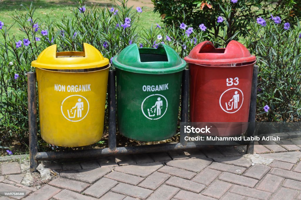 Different Colored Trash Cans In The Park B3 Non Organic And Organic ... Different Colored Trash Cans In The Park B3 Non Organic And Organic ...